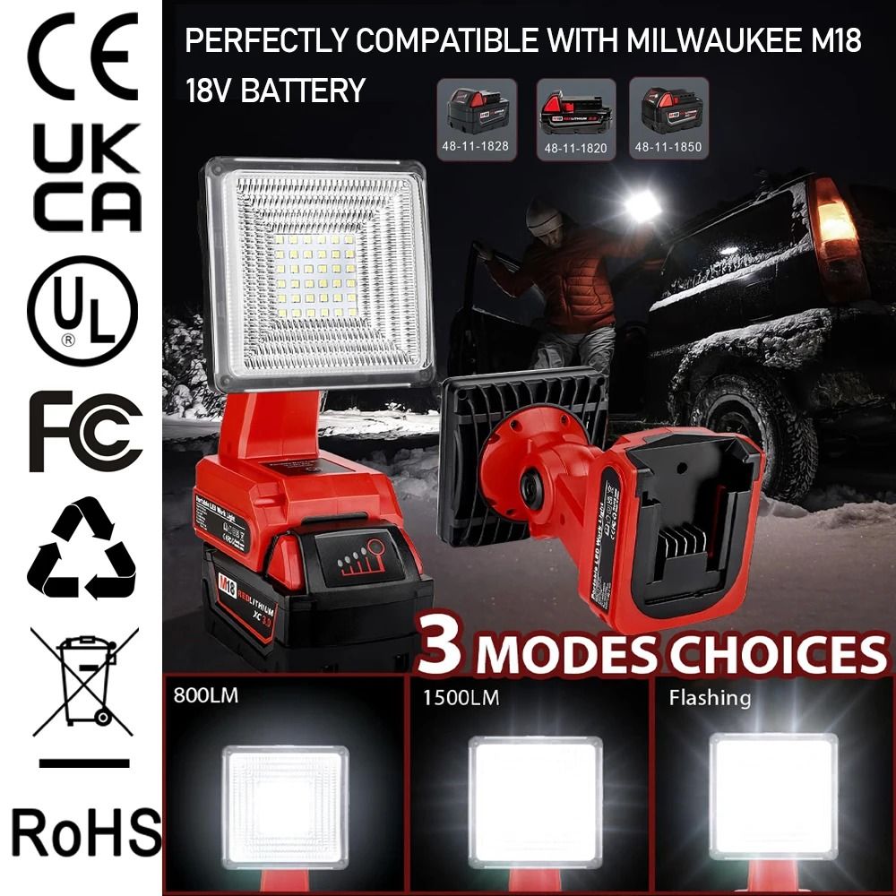 25W LED Work Light for Milwaukee M18 18V Battery Outdoor Flood Light with 2 USB Port for Jobsite ...