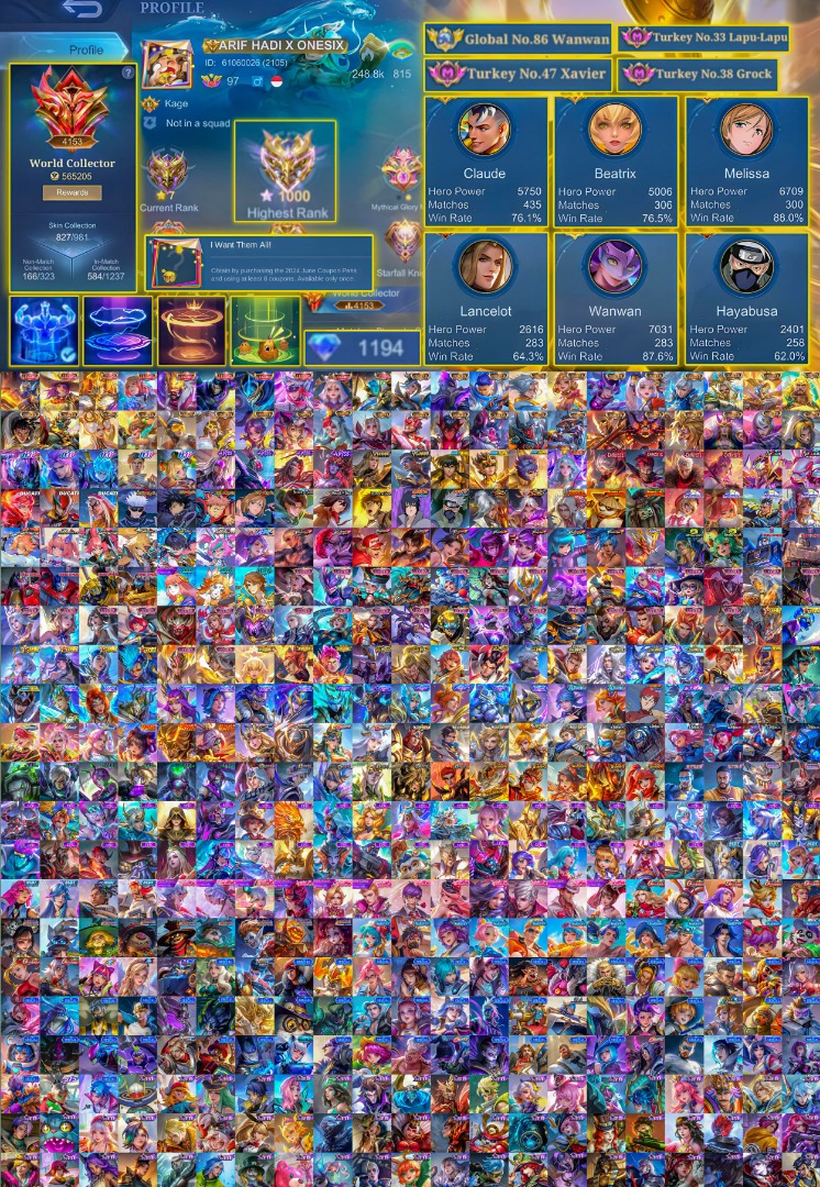 [#4000 1000 Star World Collector] 827 Skins | Stacked Account | Mobile Legend Account | MLBB acc ...