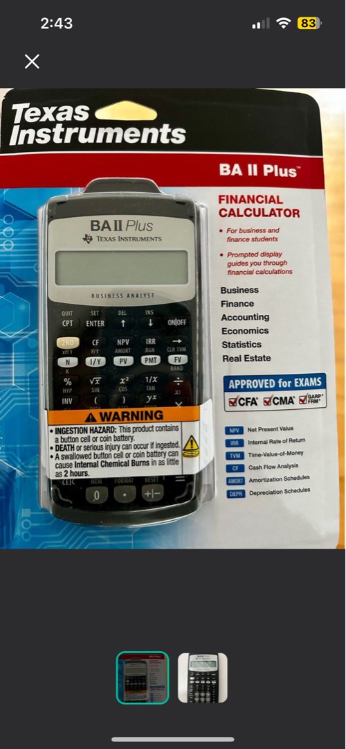 全新 Brand NEW BA II Plus Texas Instruments Plus Financial Calculator CFA Approved 財務計算機, 電腦＆科技 ...