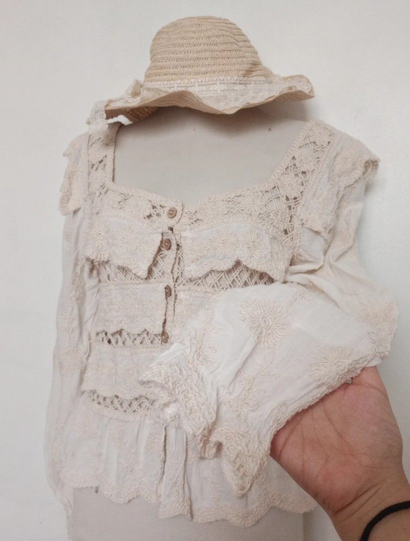 Bohemian Crochet Cream Buttondown, Women's Fashion, Tops, Longsleeves ...