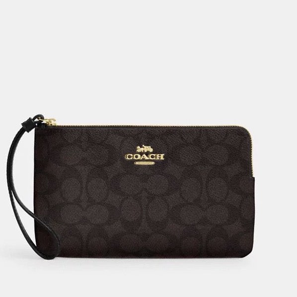 C0ACH Large Corner Zip Wristlet In Signature Canvas in Walnut/Black ...