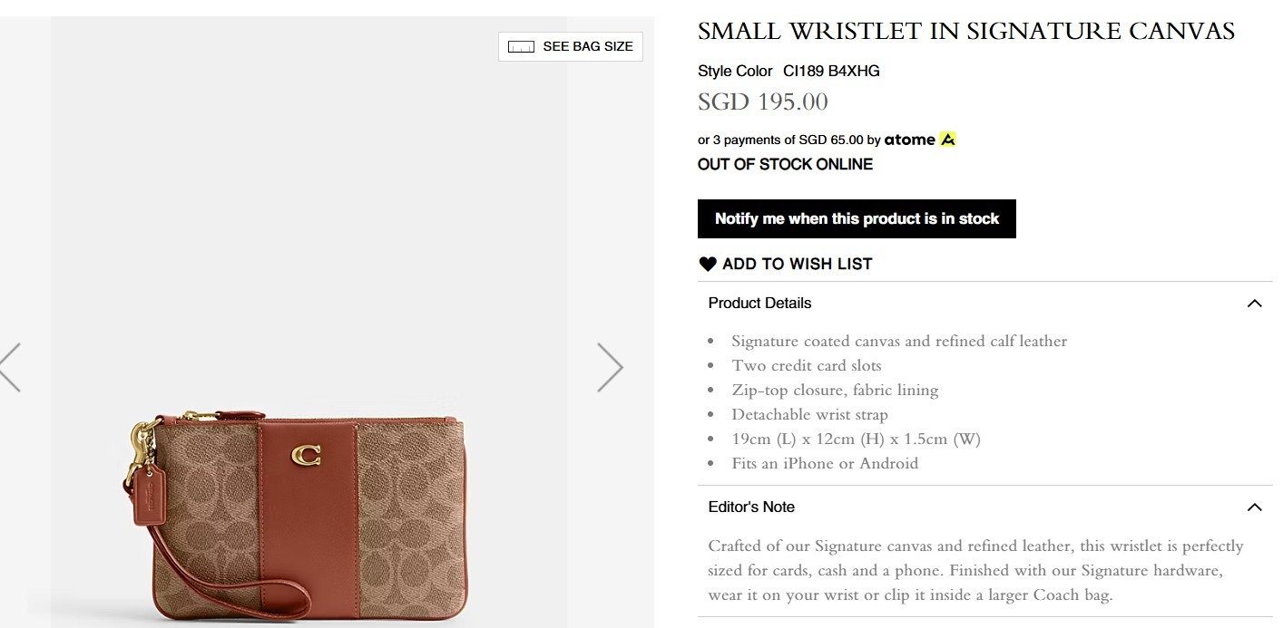 Coach Small Wristlet in Signature Canvas and refined calf leather ...