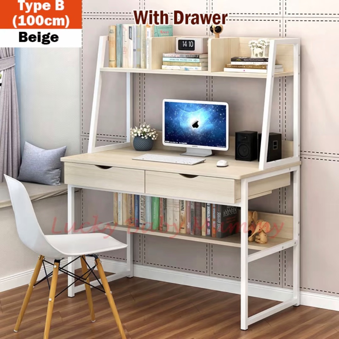 Computer Table With Shelf | Writing Table With Drawer | Laptop Table With Bookshelf | Study Desk ...
