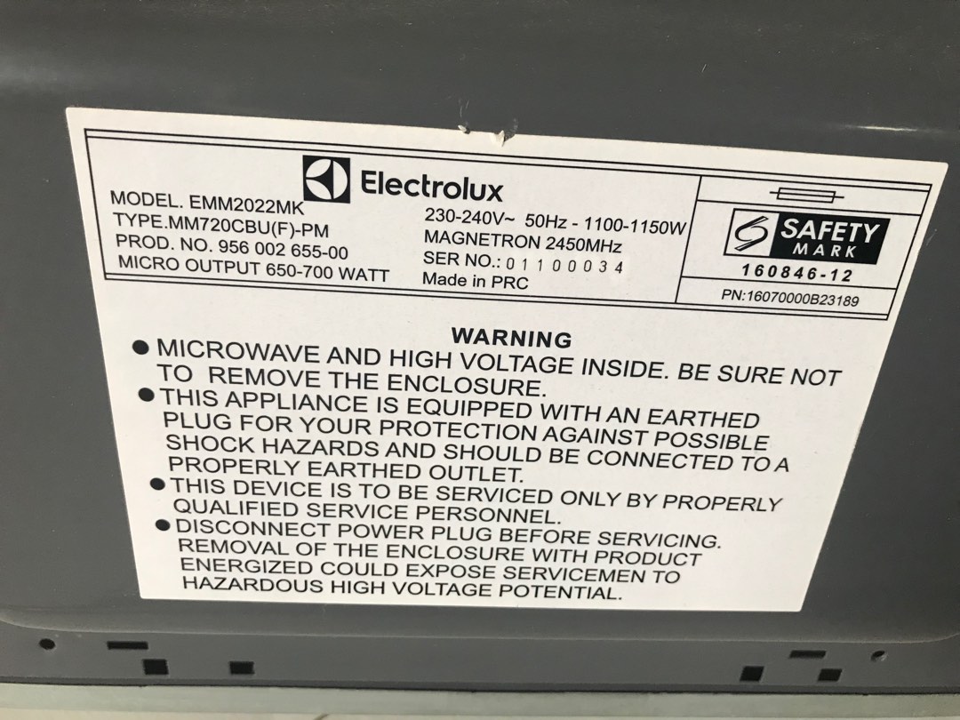 Electrolux EMM2022MK Microwave Oven, TV & Home Appliances, Kitchen ...