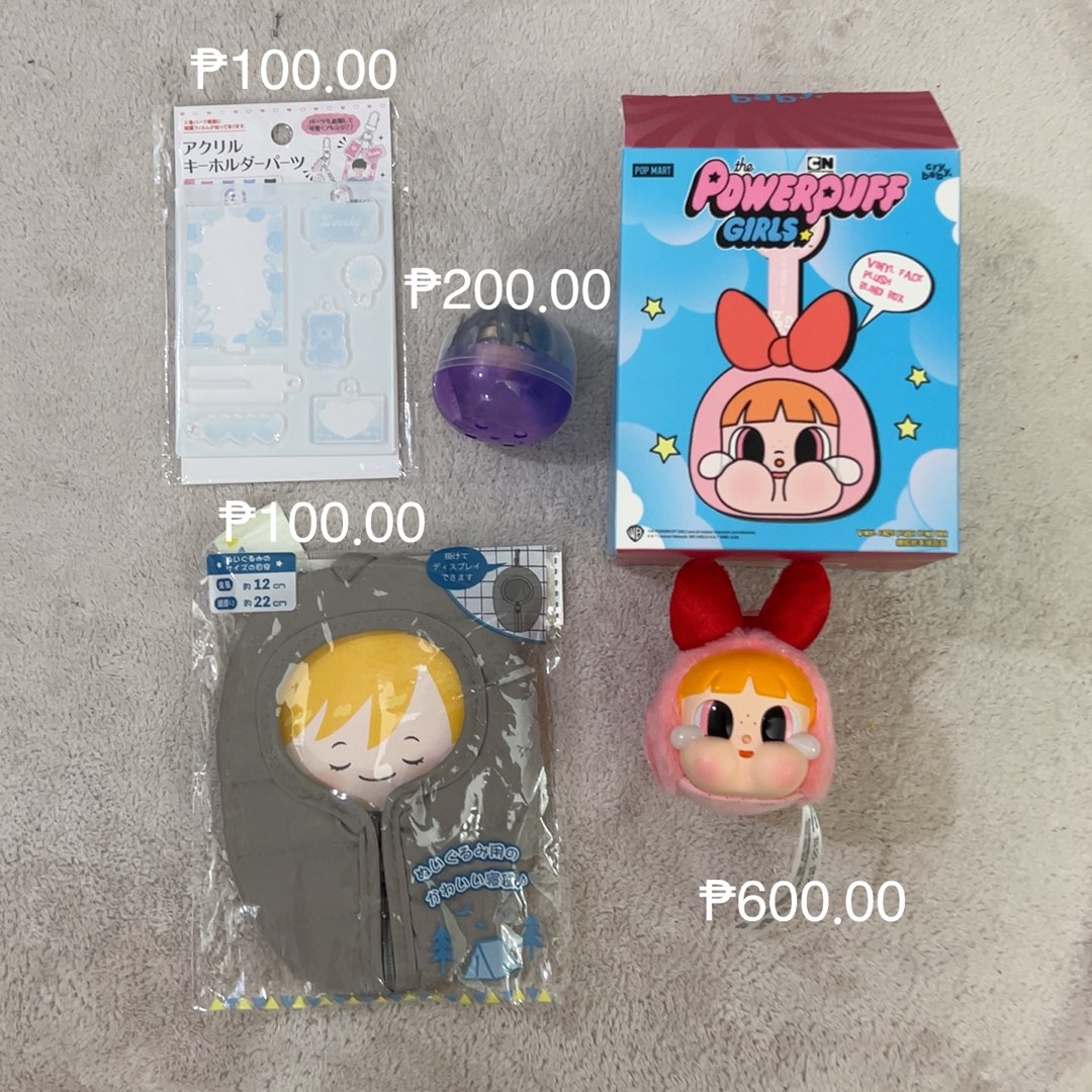 POPMART Powerpuff Girls Vinyl Blossom Plush Keychain, DAISO Blue Acrylic Keychain/Stand, SERIA ...