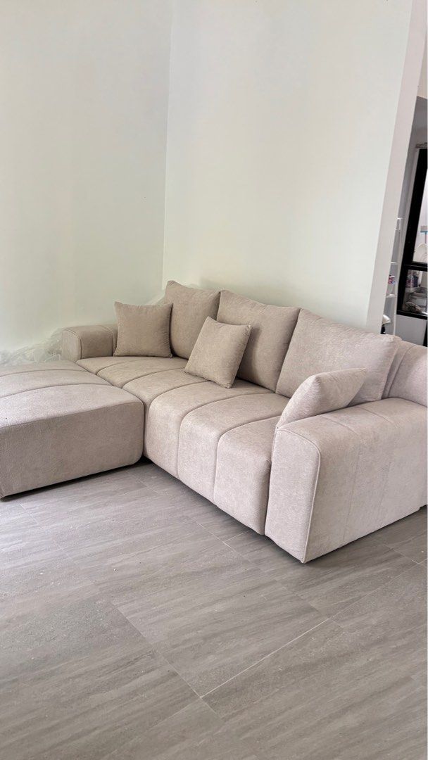 Sofa 3 seaters custom L cream grey ala pinterest, Perabotan Rumah di ...