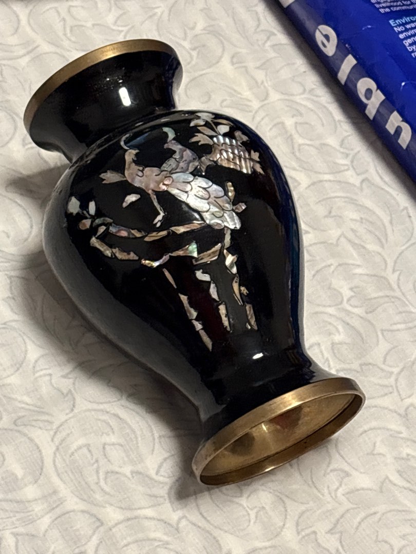 Vintage Black Vase with Mother of Pearl Inlay, Furniture & Home Living ...