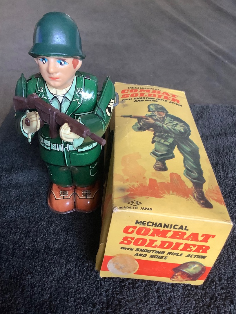 Vintage Nomura mechanical COMBAT SOLDIER Japan tin wind-up tin toy ...
