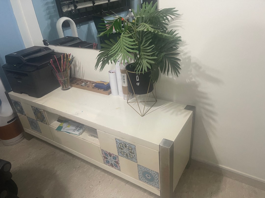 White TV Console with Decorative Tiles, Furniture & Home Living ...