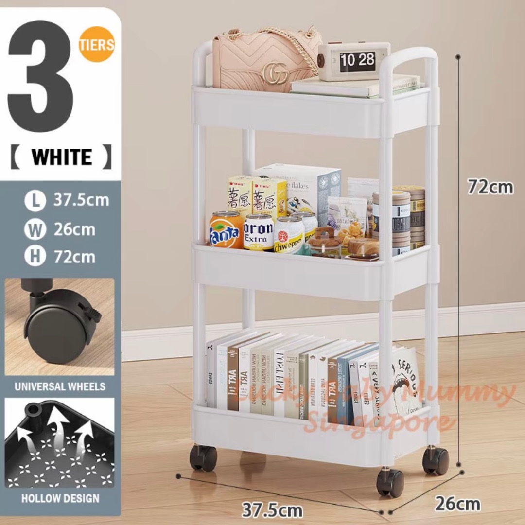 White Storage Trolley | 3 Tier Utility Cart | Rolling Storage Rack ...