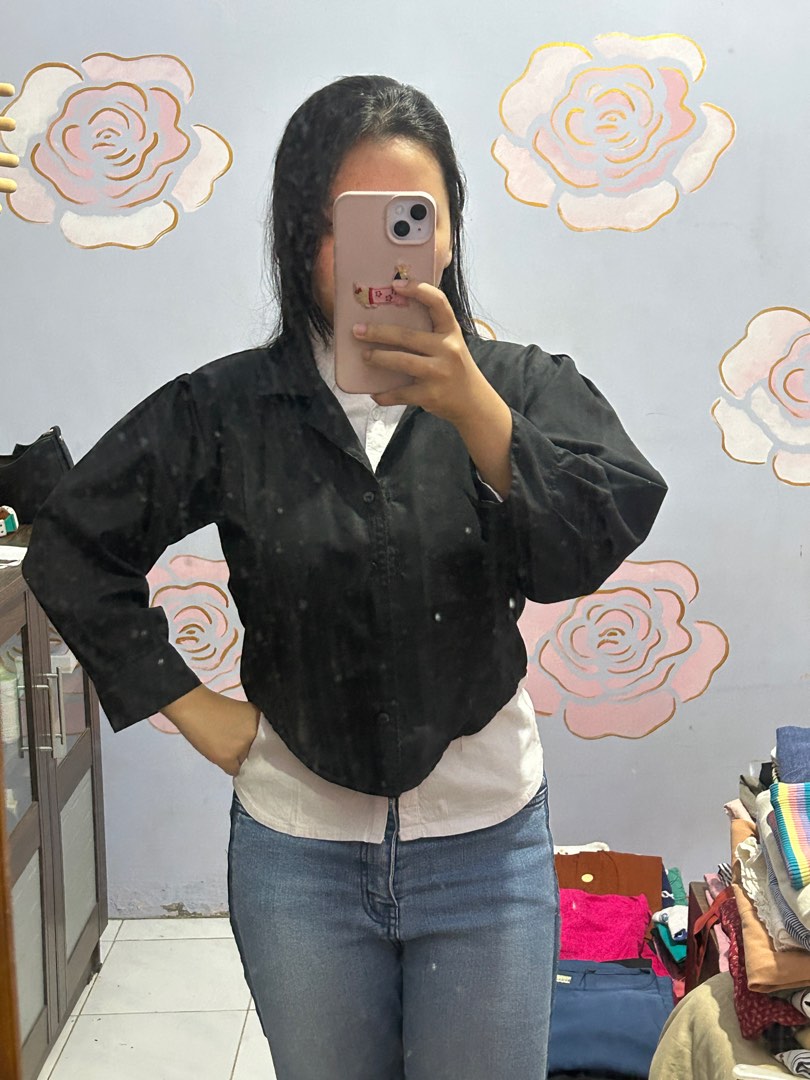 Atasan Crop Top Hitam Black Lengan Panjang Balloon Sleeve Preloved ...