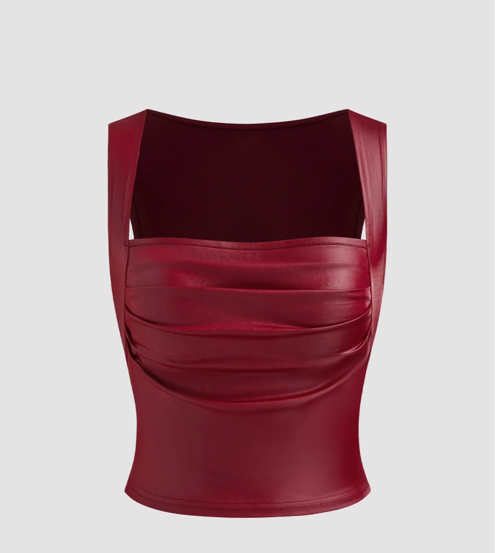 Korean Maroon Red Leather Tank top, Fesyen Wanita, Pakaian Wanita ...