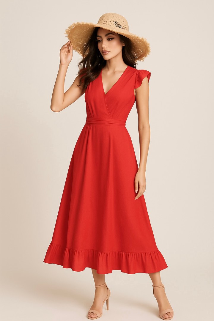 Sale murah long dress red merah panjang rok skirt ruffle korea v neck ...