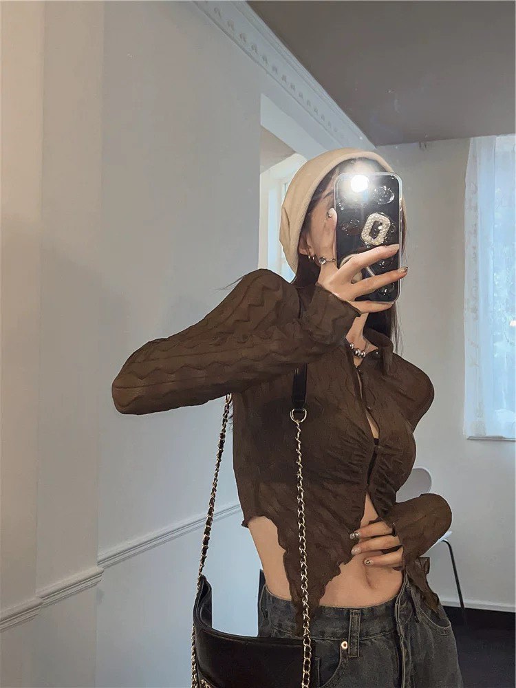 Brown sheer cardigan fairycore top, Fesyen Wanita, Pakaian Wanita ...