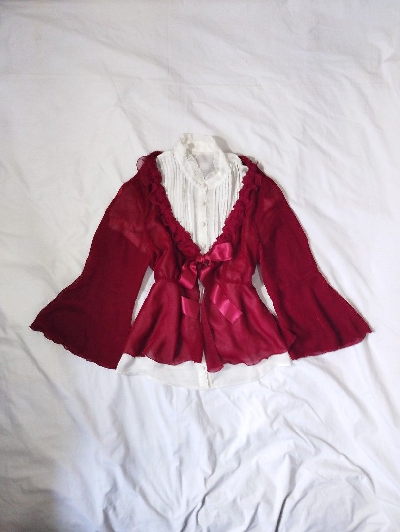 Cardigan (ONLY) Merah Marun Velvet Beludru Lengan Terompet | Y2K ...