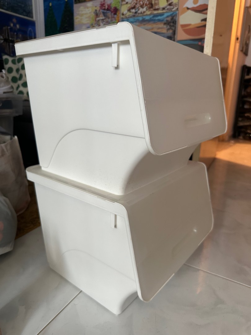 Stackable White Storage Bins - 2 Pieces Front Opening Container Box ...