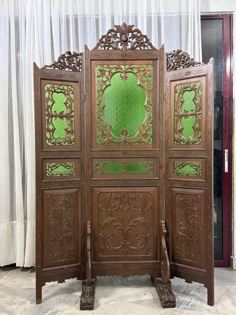 Antique peranakan Glass Screen mahogany wood, Furniture & Home Living ...