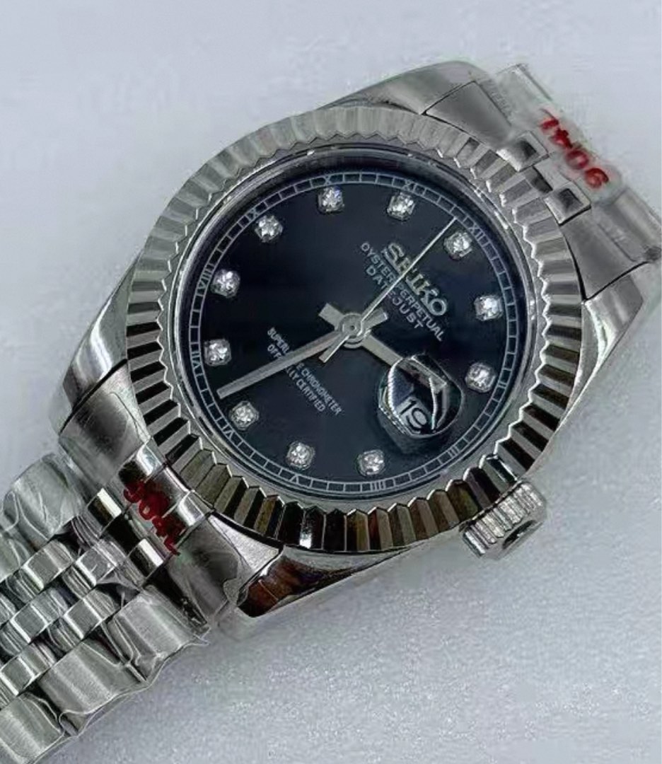 Seiko mod datejust 31mm sleek black dial adorned with sparkling diamond ...