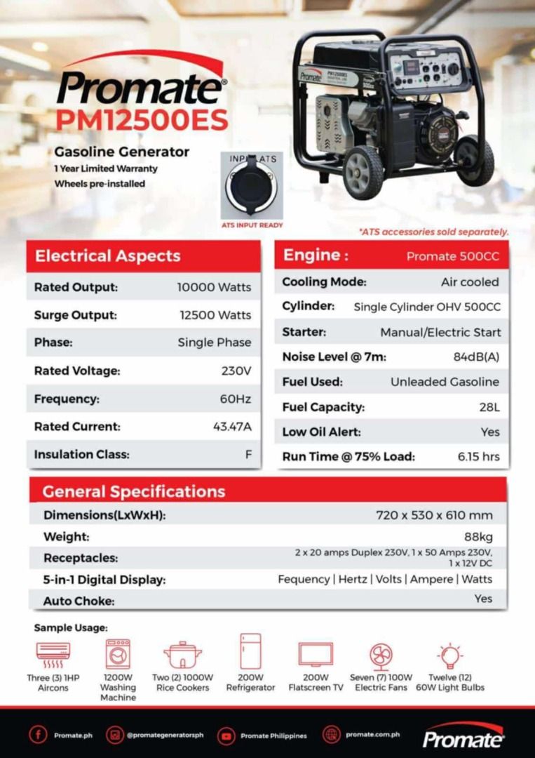Promate PM12500ES Gasoline Generator 10000/12500W Single Phase, 230v, 60Hz, 500 cc, Air cooled ...