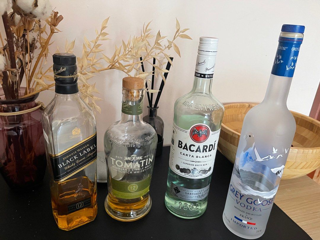 Almost Empty Liquor Bottles - Johnnie Walker, Tomatin, Bacardi, Grey ...