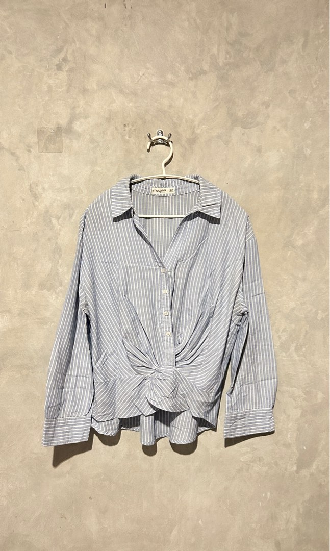 Mango Cotton Striped Shirt Kemeja Stripes Salur Biru Muda Katun Kerah ...