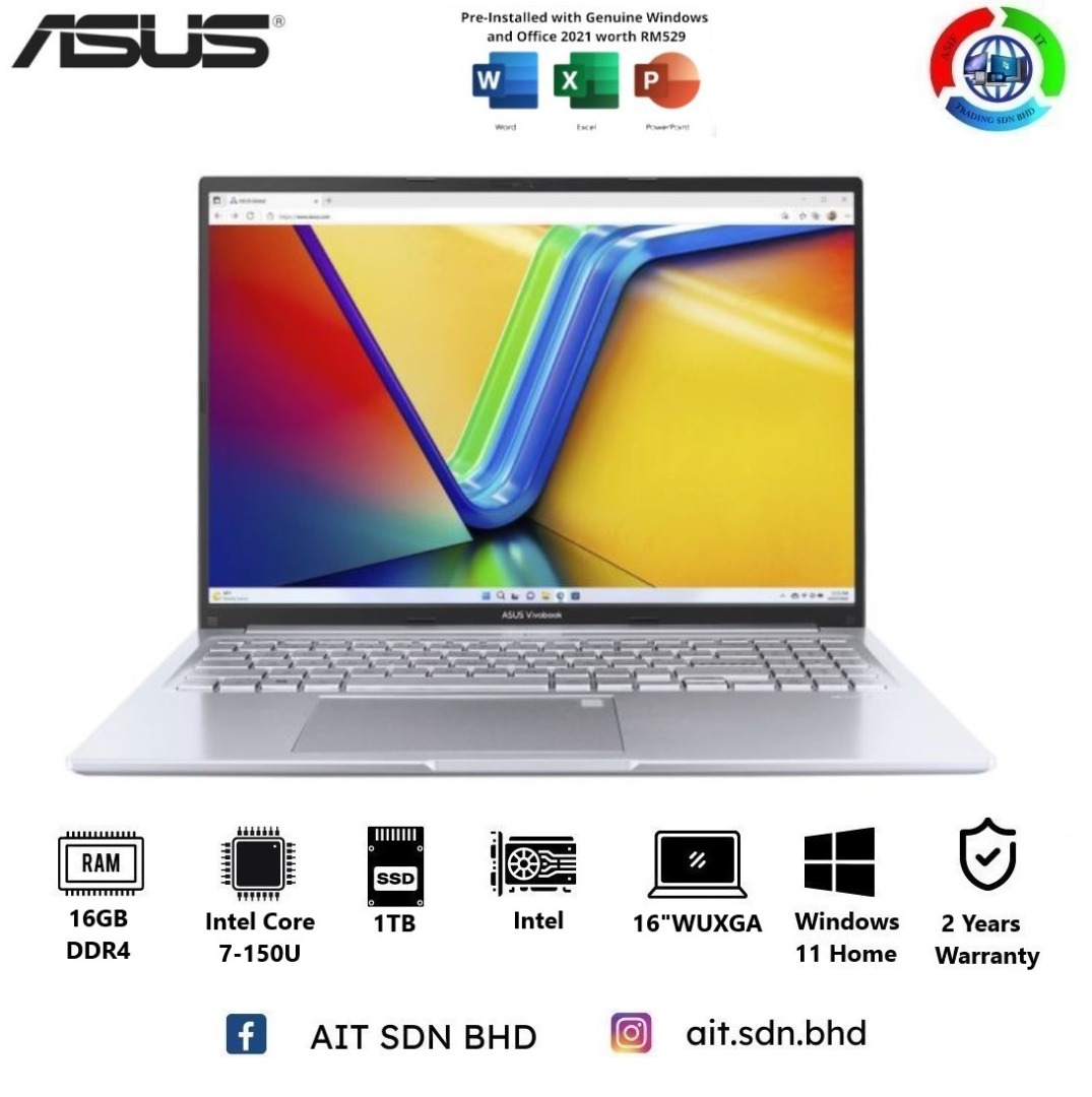 ASUS VIVOBOOK 16 A1605V-APB046WS 16"WUXGA Silver LAPTOP (C7-150U 16GB 1TB SSD Intel W11 H&S ...