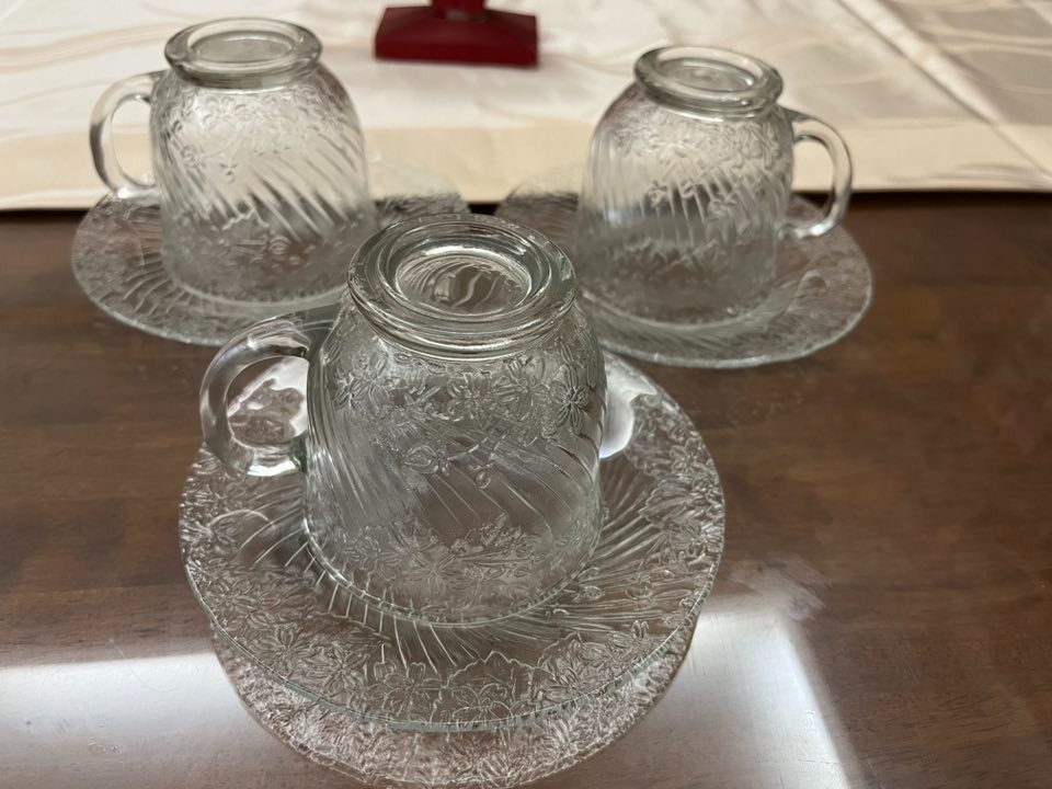 3 set cawan dan piring corak bunga crystal lutsinar transparent ...