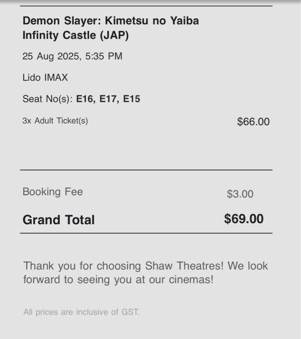 3x Shaw IMAX Demon Slayer Infinity Castle Movie Tickets, Tickets ...
