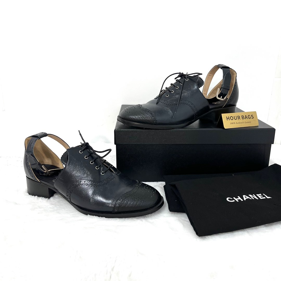 💯% Authentic Chanel Black Leather CC Broque Arkie Strap Oxfords Lace Up ...