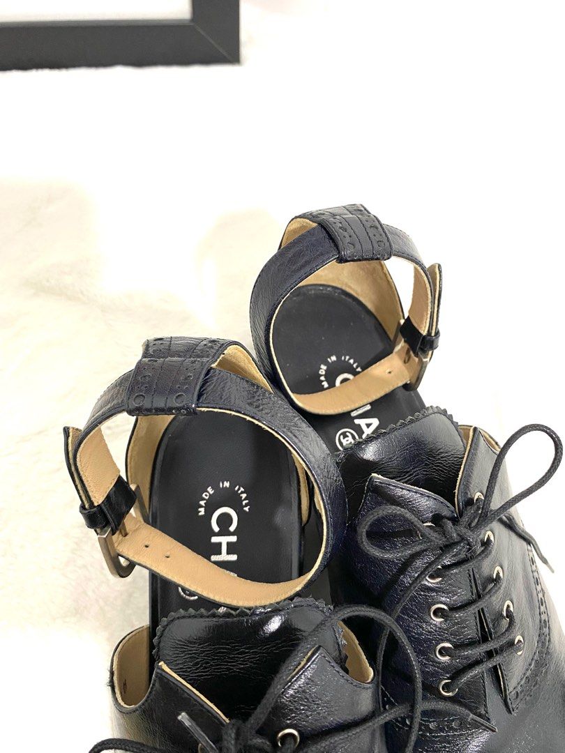 💯% Authentic Chanel Black Leather CC Broque Arkie Strap Oxfords Lace Up ...