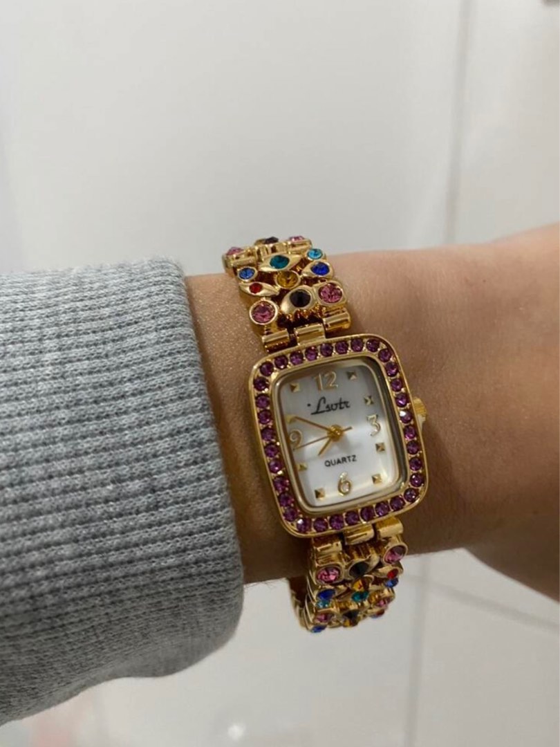rhinestones gemstones embedded gold watch square quartz, mother of ...