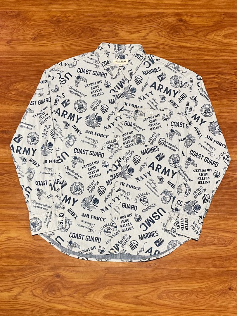 Avirex Type Blue , allover print shirts , Not buzzricksons , usmc , usaf , navy , us army , real ...