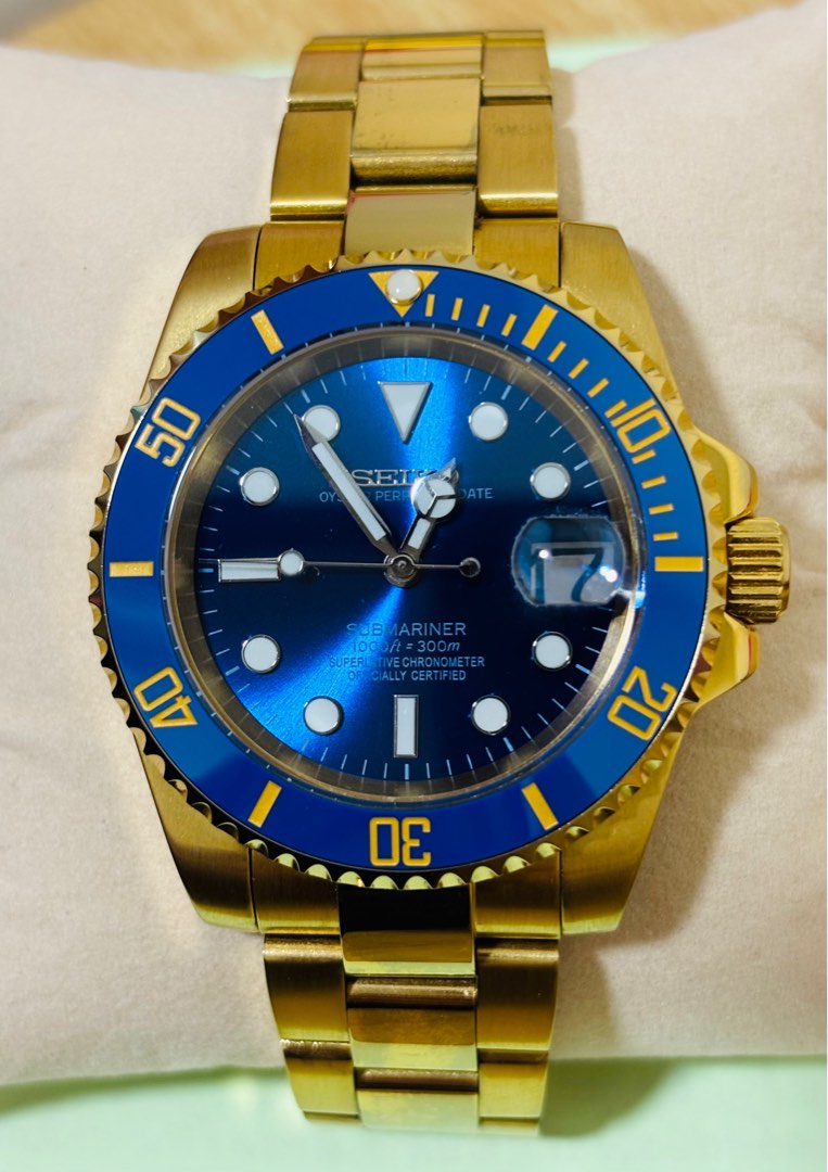 Seiko Mod Submariner Full Gold Blue Watch, Men's Fashion, Watches ...