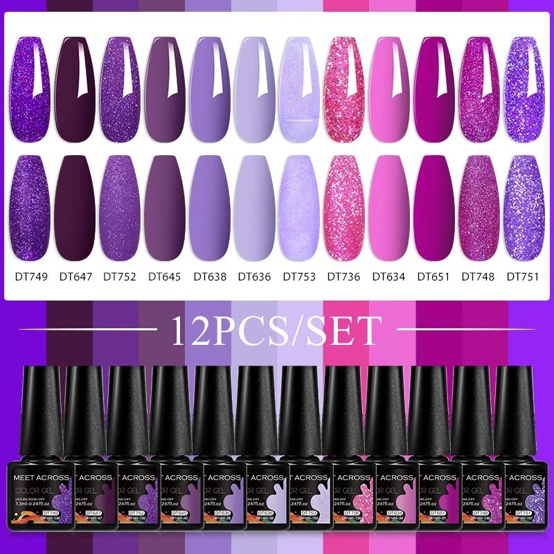 MEET ACROSS 12pcs 7.3ml Gel Nail Polish Set Purple Pink Glitter Semi ...