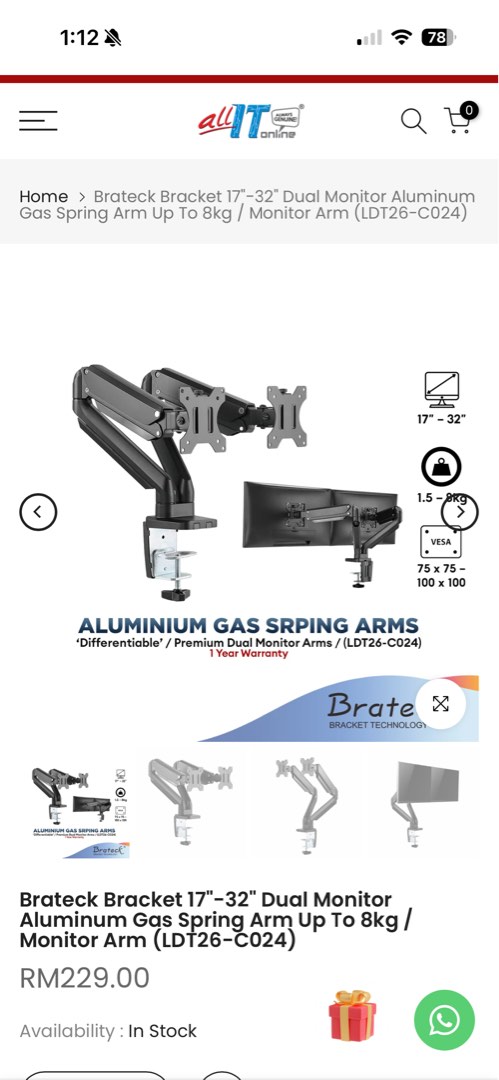 Brateck Bracket 17"-32" Dual Monitor Arm, Computers & Tech, Parts ...