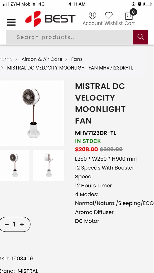 Mistral DC Velocity Moonlight Fan With 3 Levels LED Light & 12 Levels ...