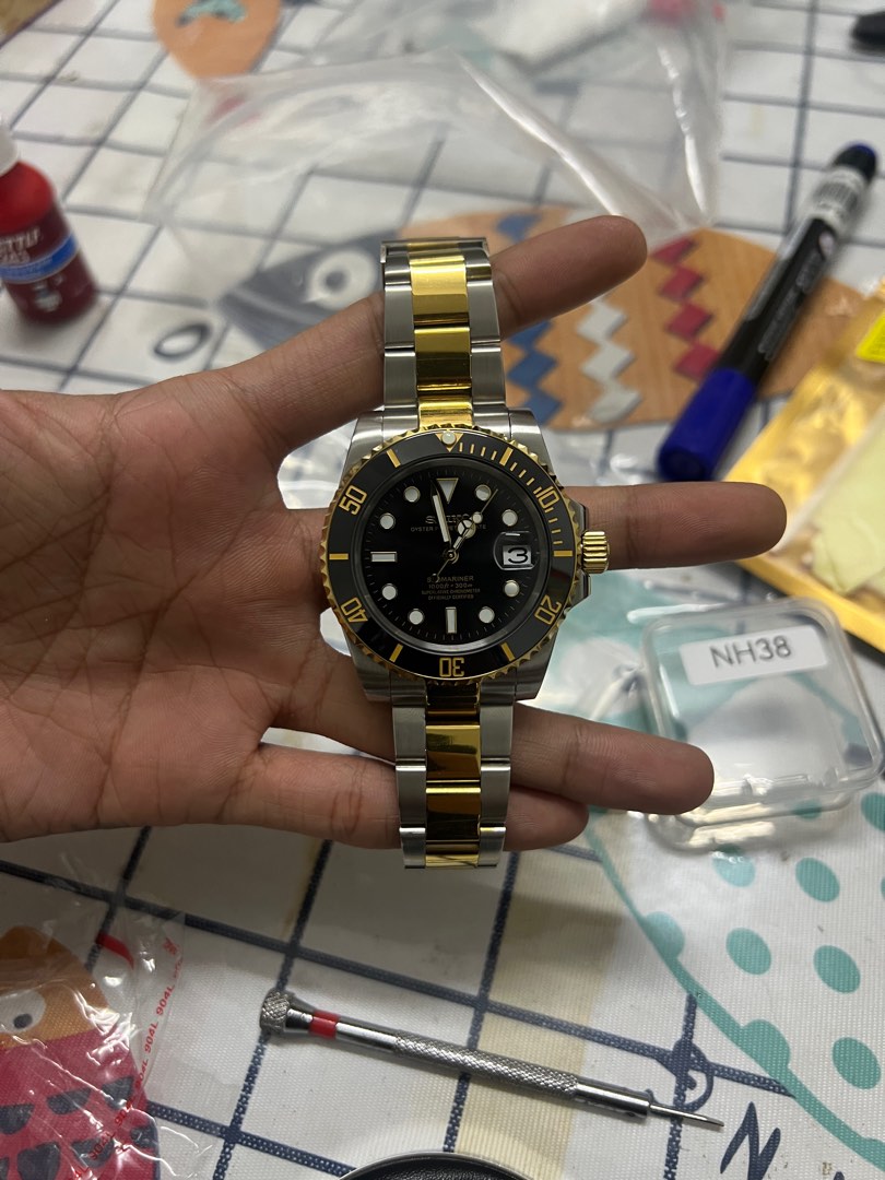 Seiko Submarine Mod Black & Gold, Luxury, Watches on Carousell