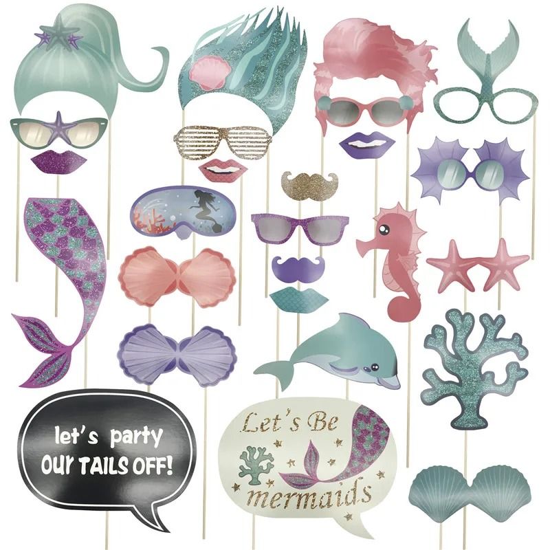 26Pcs Mermaid Birthday Photo Booth Props Girl Happy Birthday Party ...