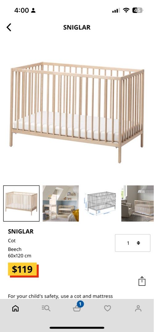IKEA SNIGLAR Cot - Beech Wood, Babies & Kids, Baby Nursery & Kids ...