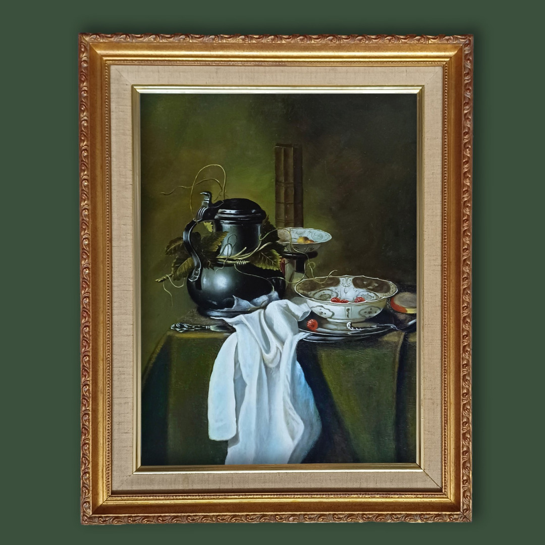 Oil painting. Still life with black pitcher. Frame included. Realism ...