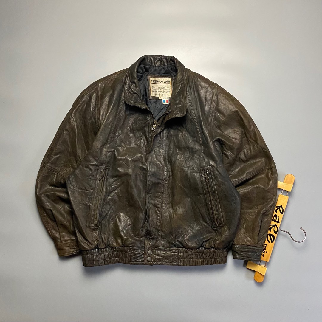 VINTAGE FREE-ZONE LEATHER MOTORCYCLE BIKER BOMBER BROWN LEATHER JACKET ...