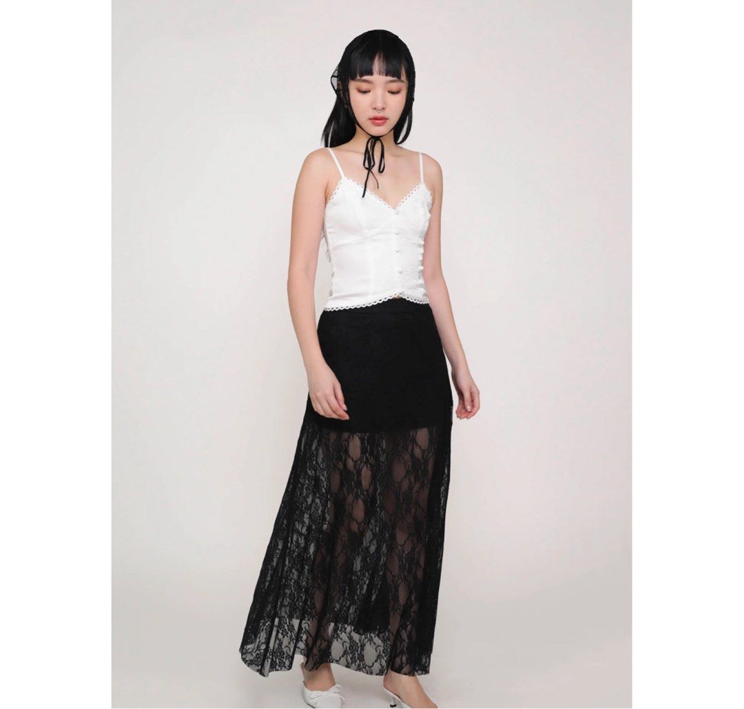 The Tinsel Rack NOIR LACE OVERLAY MAXI SKIRT in black and white, Women's Fashion, Bottoms ...