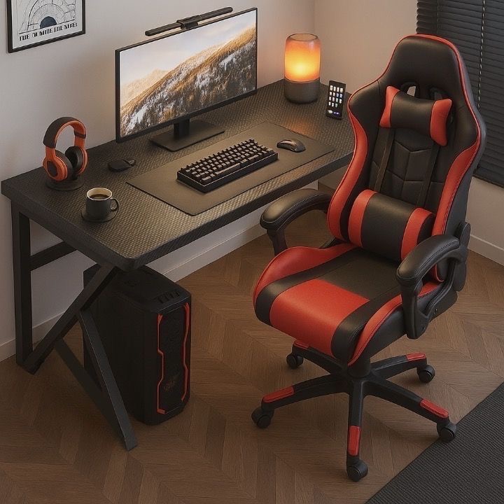 Gaming Desk + Gaming Chair Set | Carbon Fiber Workstation Table Setup ...