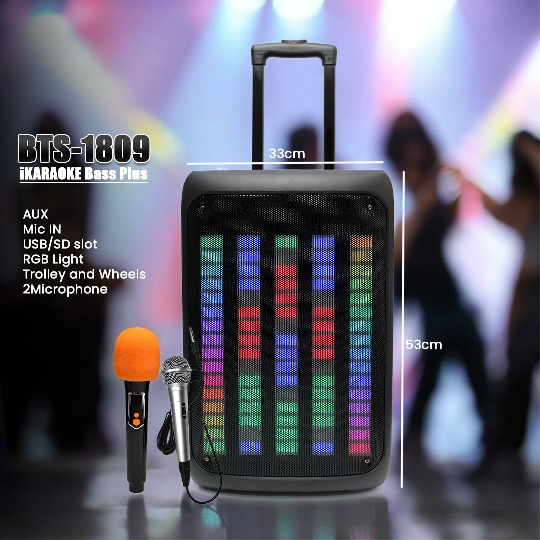 BTS 1809 12" Karaoke Speaker Bluetooth, Wireless & Wired Mic, Trolley ...
