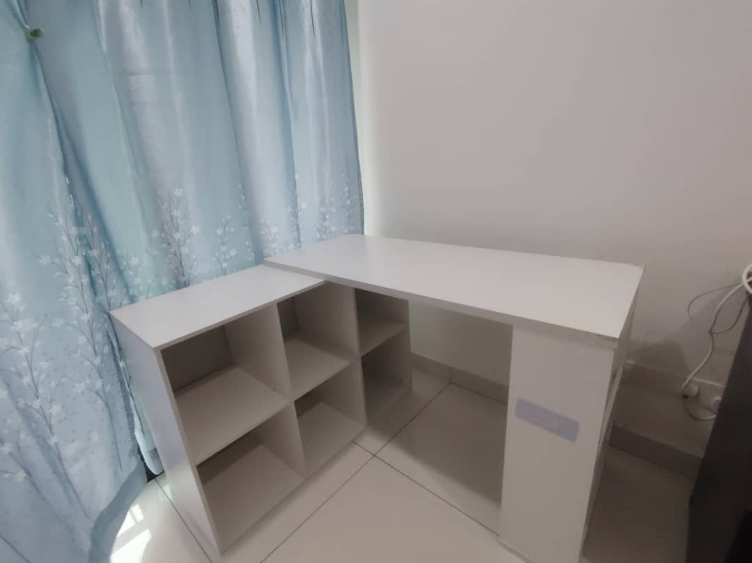 L-Shaped Study Table with Racks, Furniture & Home Living, Furniture ...