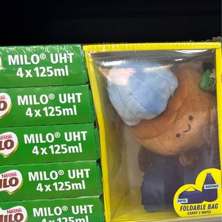 Milo packet plush with Nestle Duffel Bag and milo drinks, Hobbies ...