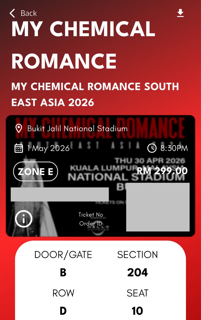 MY CHEMICAL ROMANCE TICKET DAY 2 ZONE E MCR, Tickets & Vouchers, Event ...