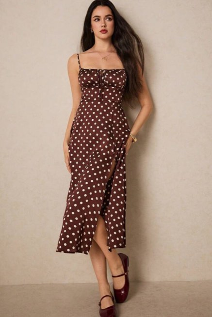 Poeselle Polka Dot Knot Front Slit Thigh Cami Polka Dot Midi Dress ...