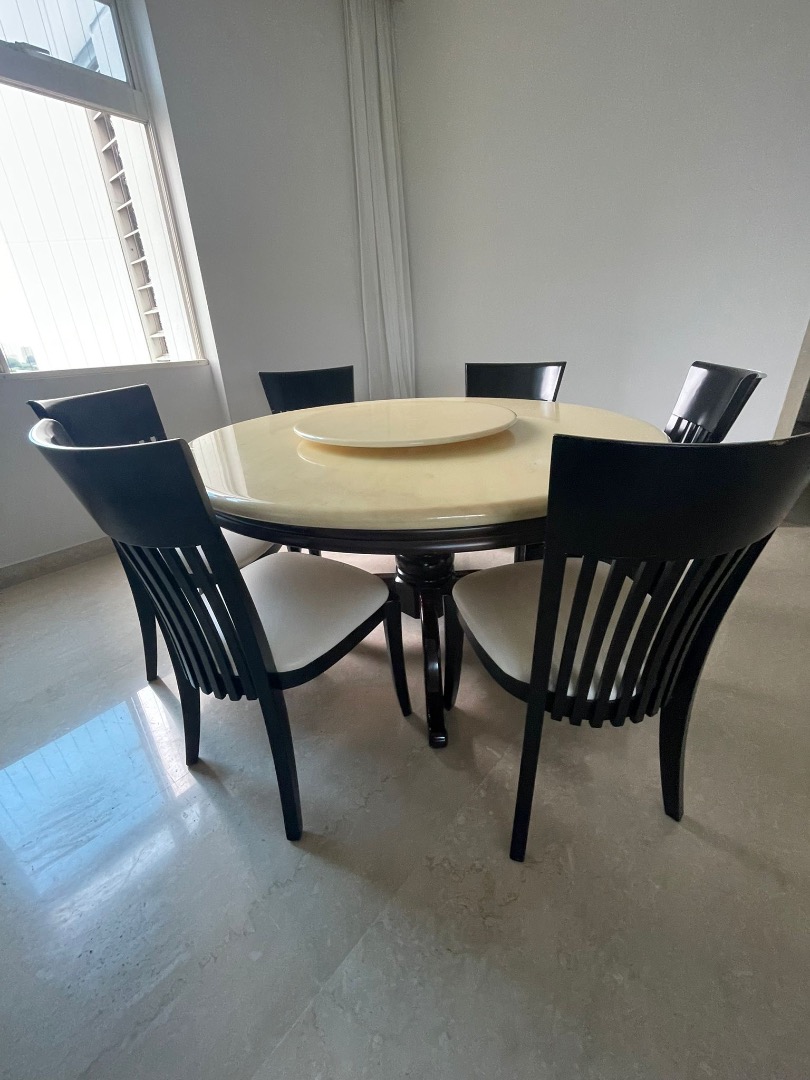 Pre loved Round Dining Marble Table Set with 6 Chairs, Furniture & Home ...