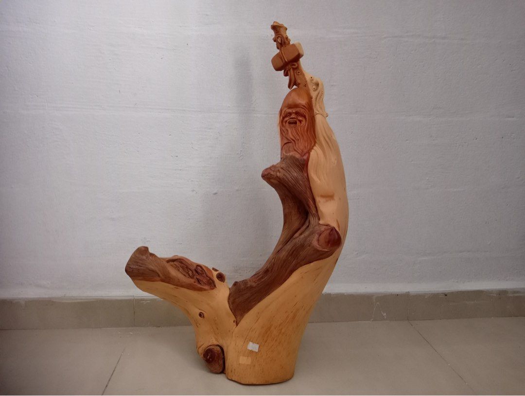 CNY-Hand-Carved Wooden Sculpture of a Smiling Elder, Furniture & Home ...